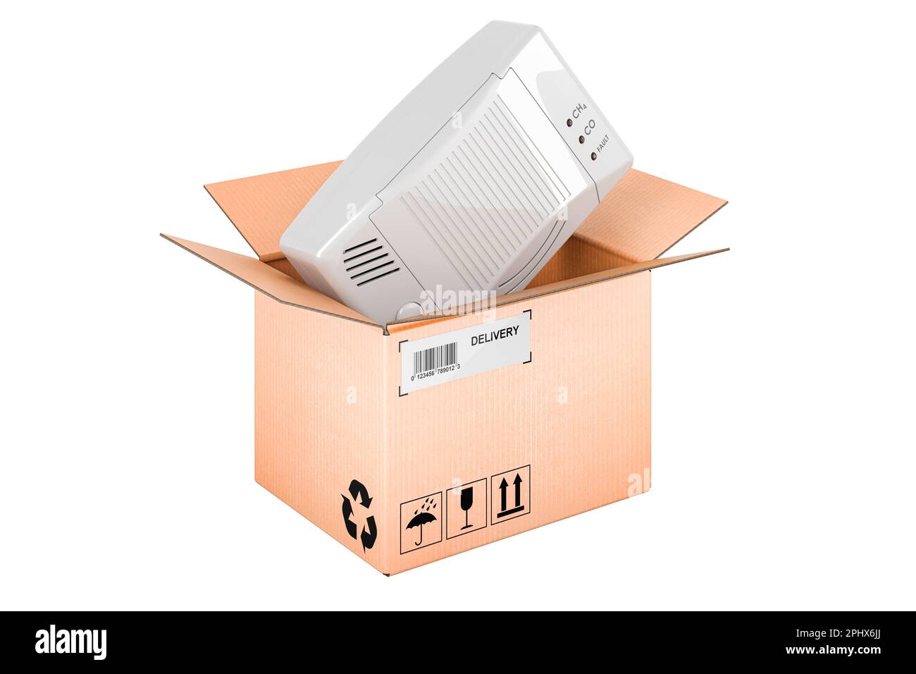 Carbon monoxide detector inside cardboard box, delivery concept. 3D ...