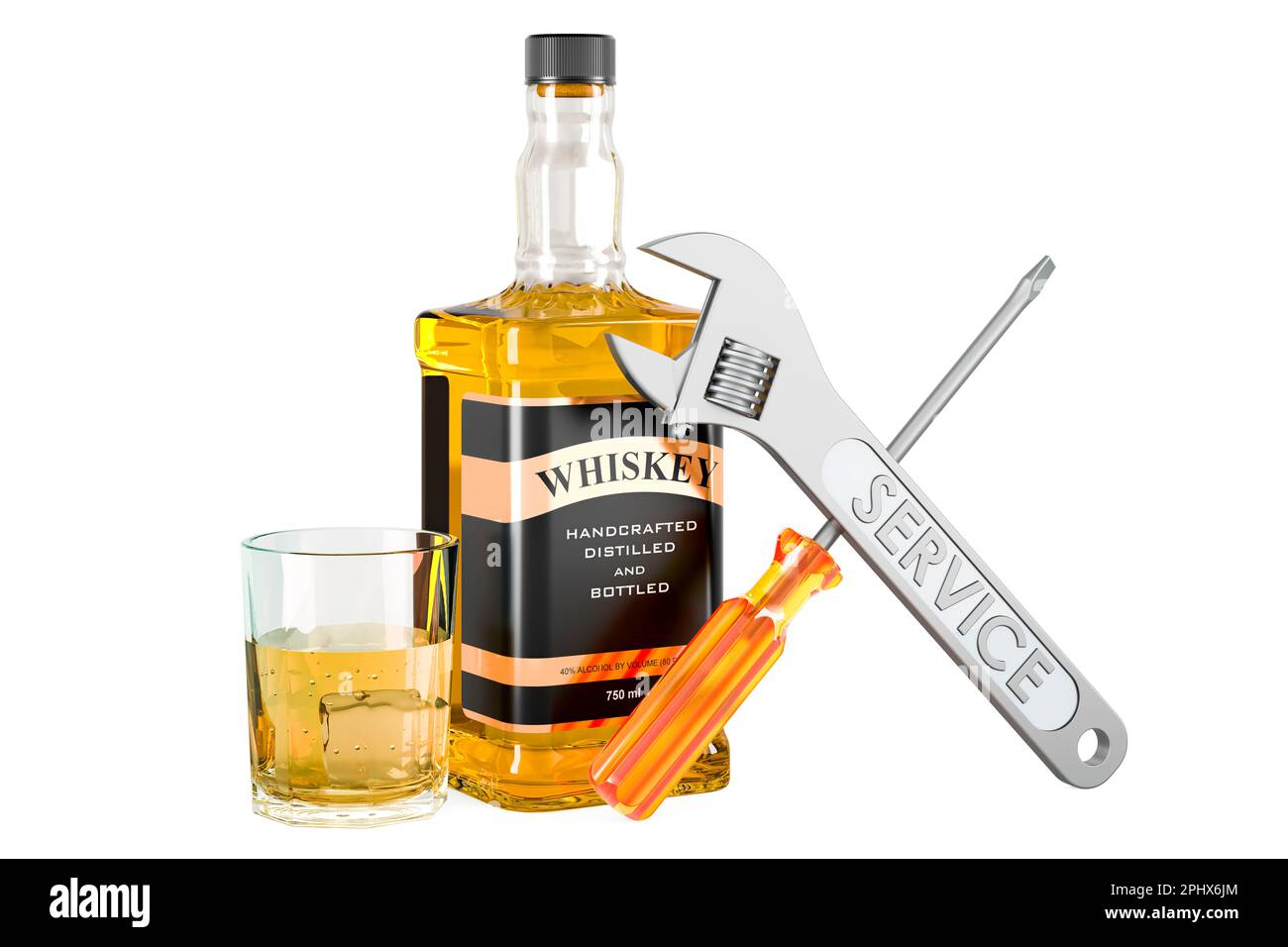 Whiskey bottle and full glass of whiskey with screwdriver and wrench ...