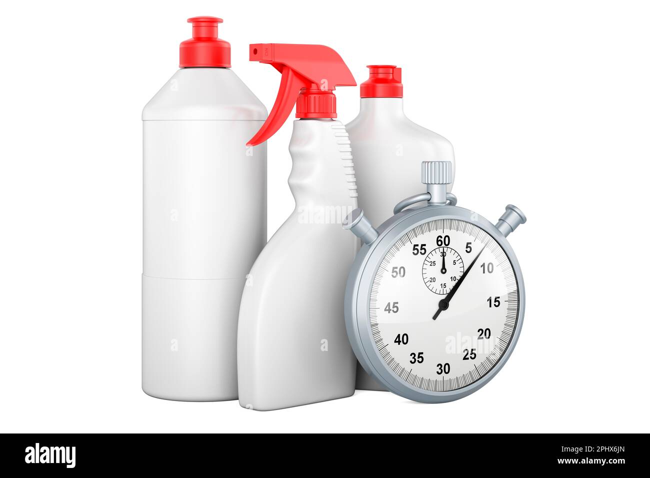 Detergent, cleaning products with stopwatch, 3D rendering isolated on ...