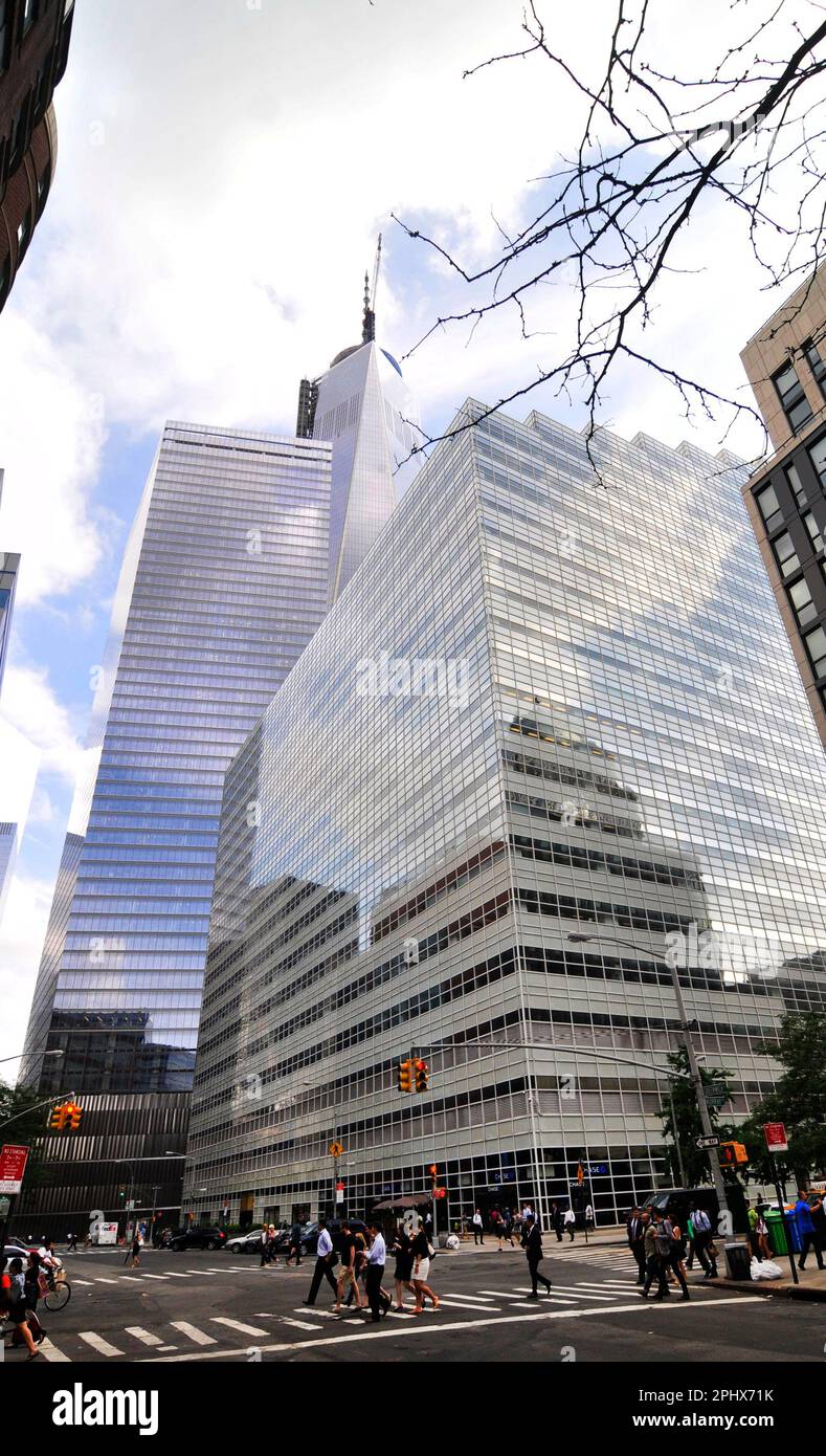 Modern buildings at the corner of Murray street and Greenwich street in ...