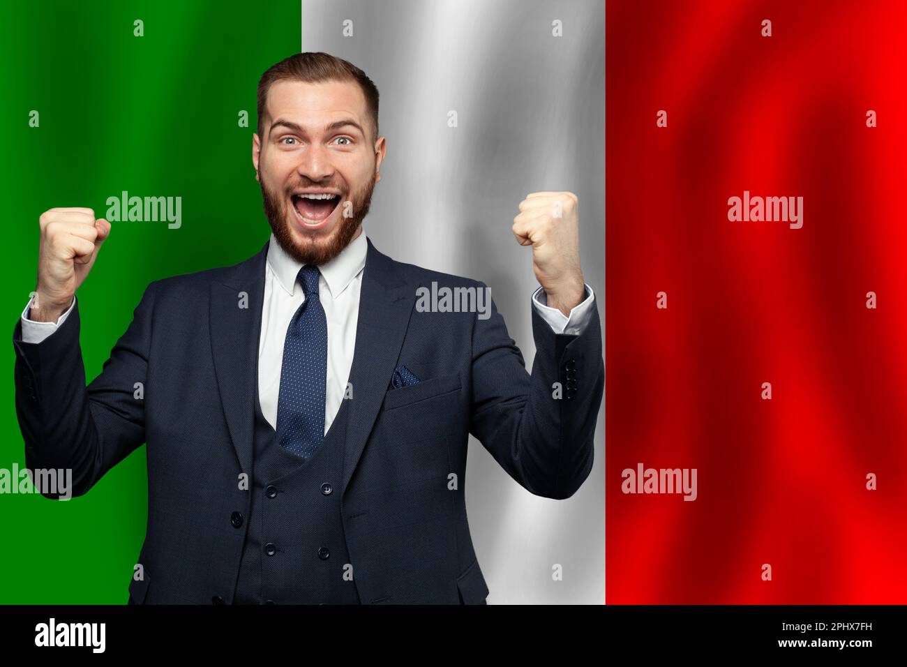 Italian happy businessman on the background of flag of Italy Business ...