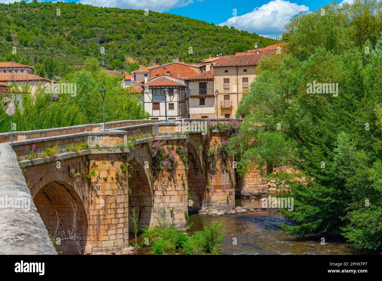 Medieval bridge at Spanish town Covarrubias Stock Photo - Alamy