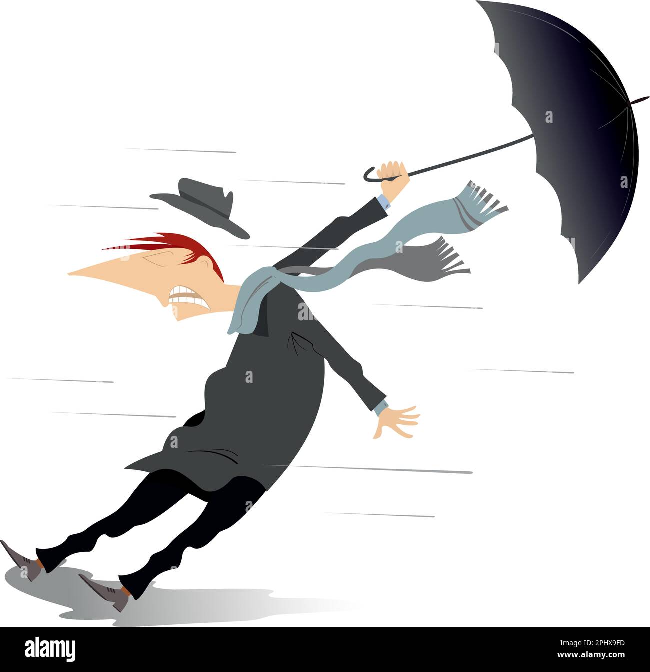 Man, umbrella and windy and rainy day. Man with umbrella staying on the ...