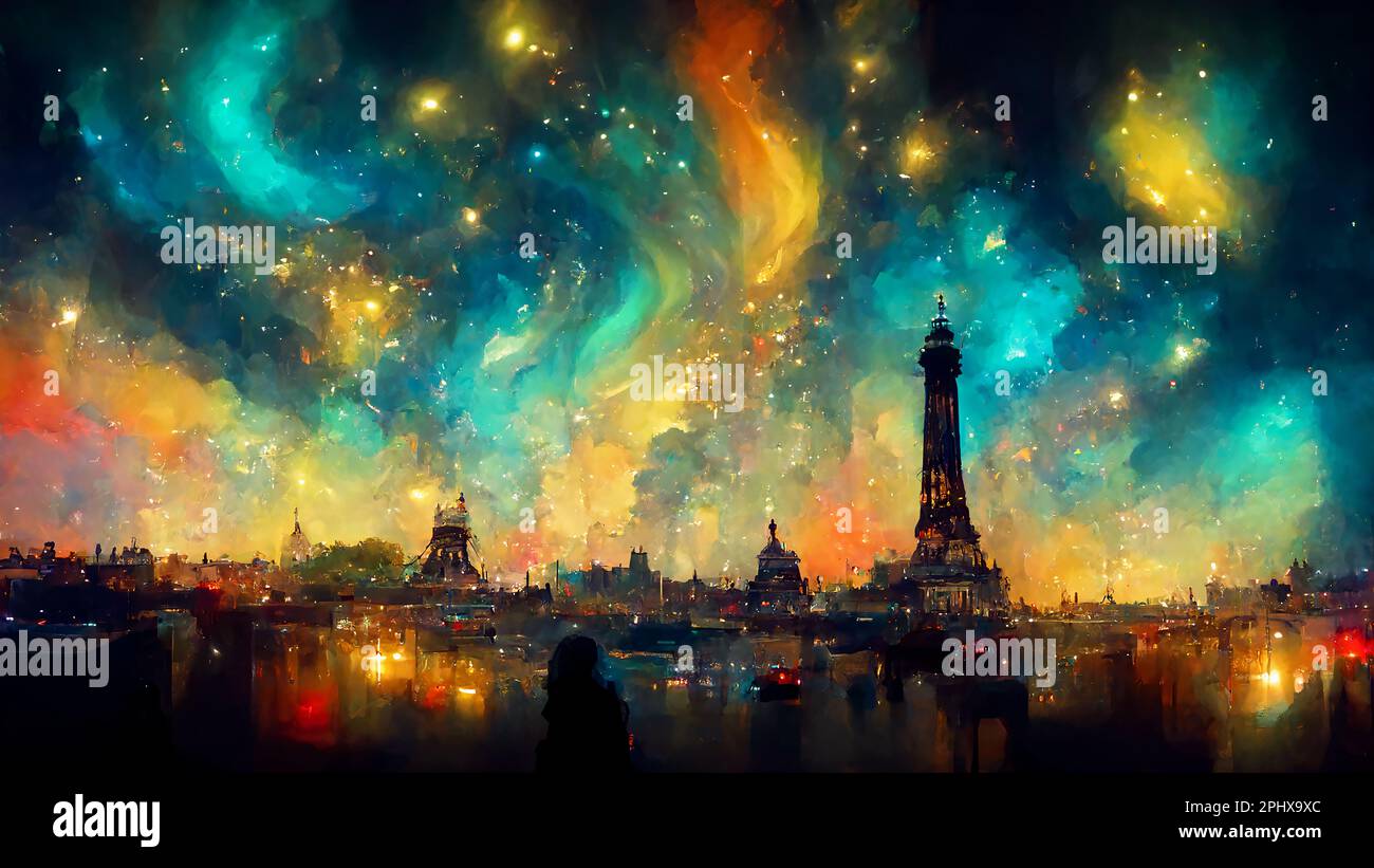 drawing digital art. galaxy northern lights over Paris city, cinematic ...