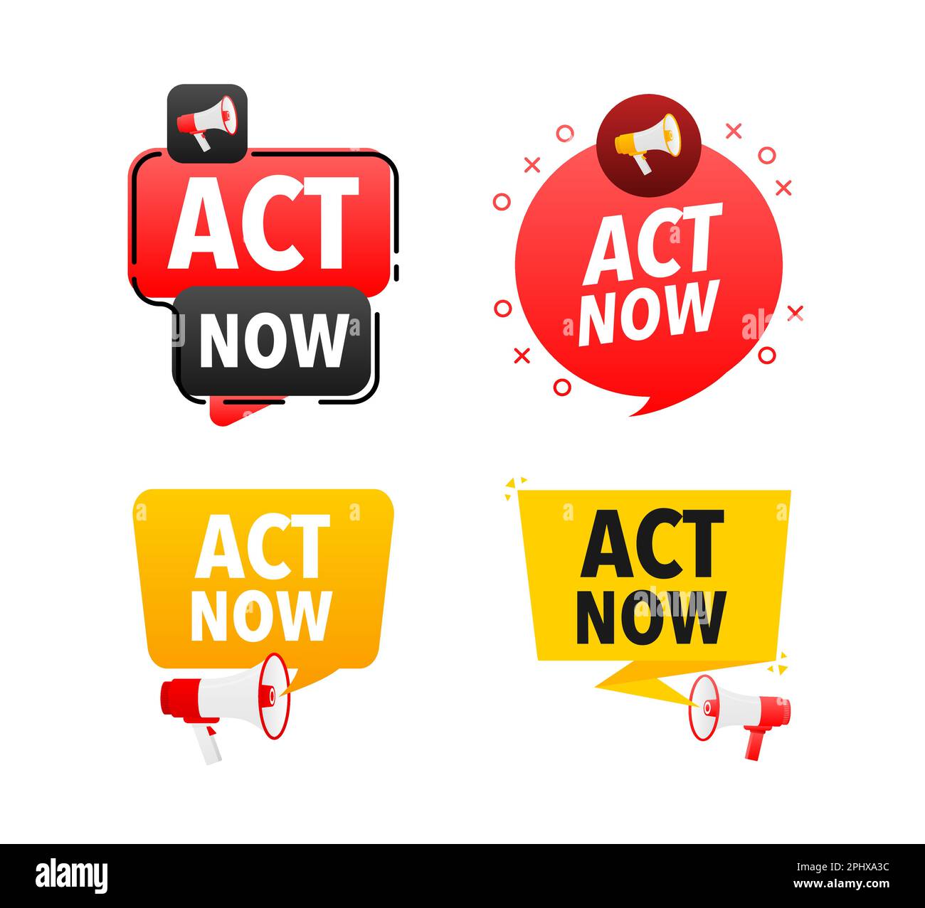 Megaphone label set with text Act now. Act now announcement banner ...