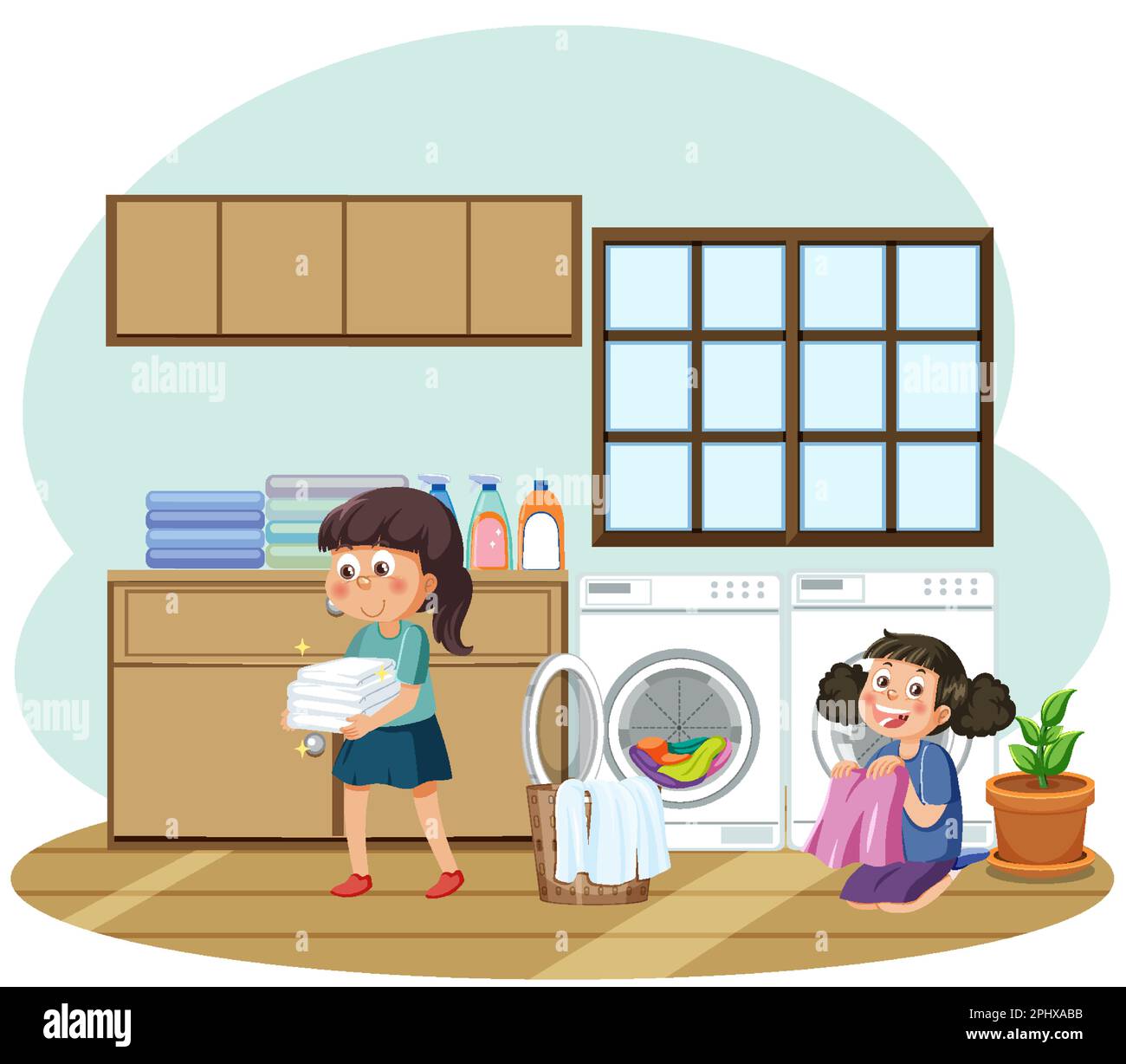 Kids doing laundry with washing machine illustration Stock Vector Image ...
