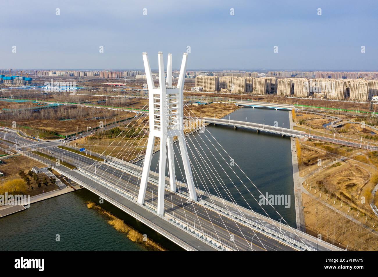 Aerial photo shows the Ding-shaped cable-stayed bridge in Zhengzhou ...