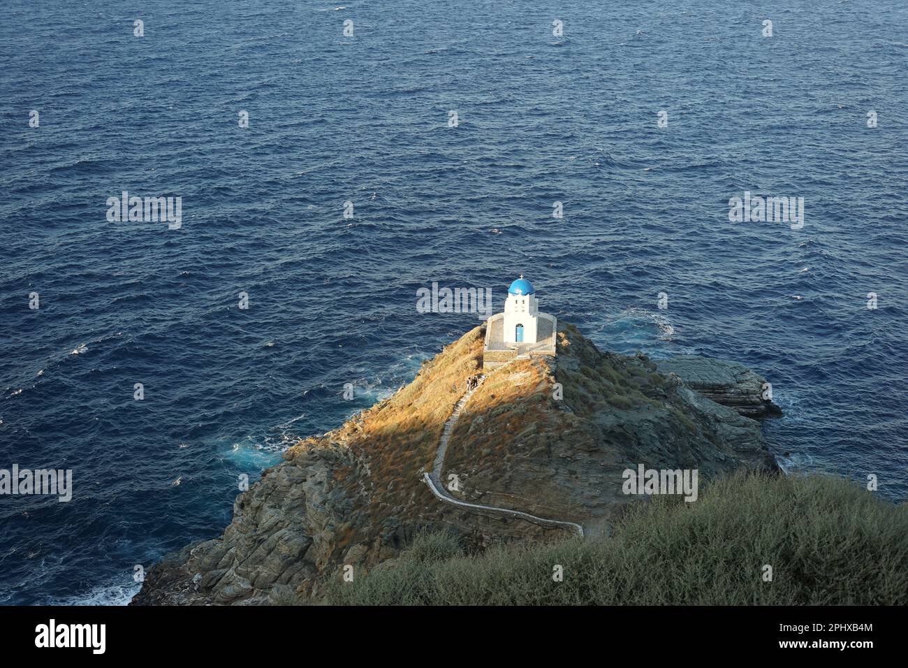 An aerial shot of the Church of the Seven Martyrs in the Greek island ...