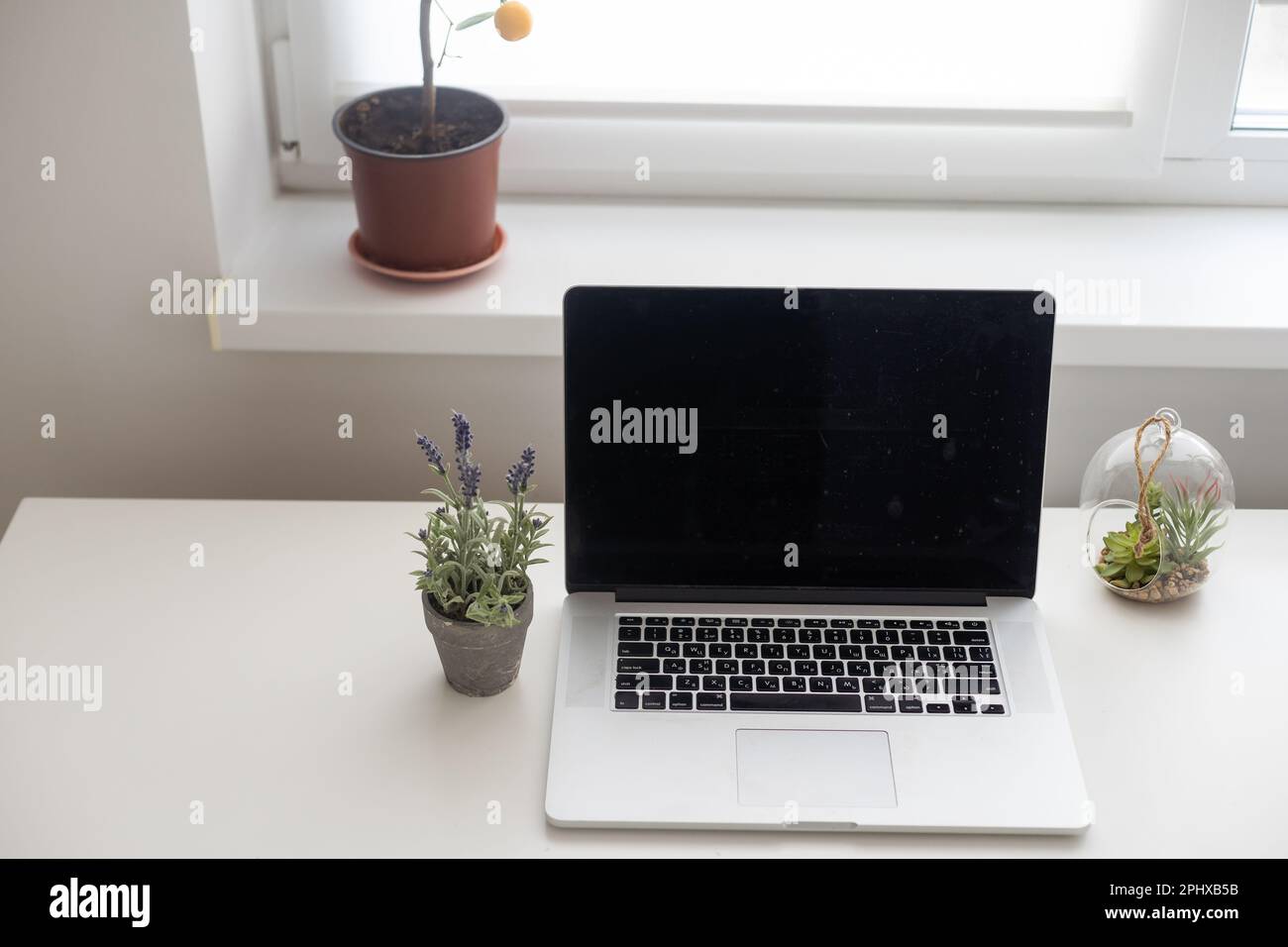 workspace with modern laptop. desktop Stock Photo - Alamy