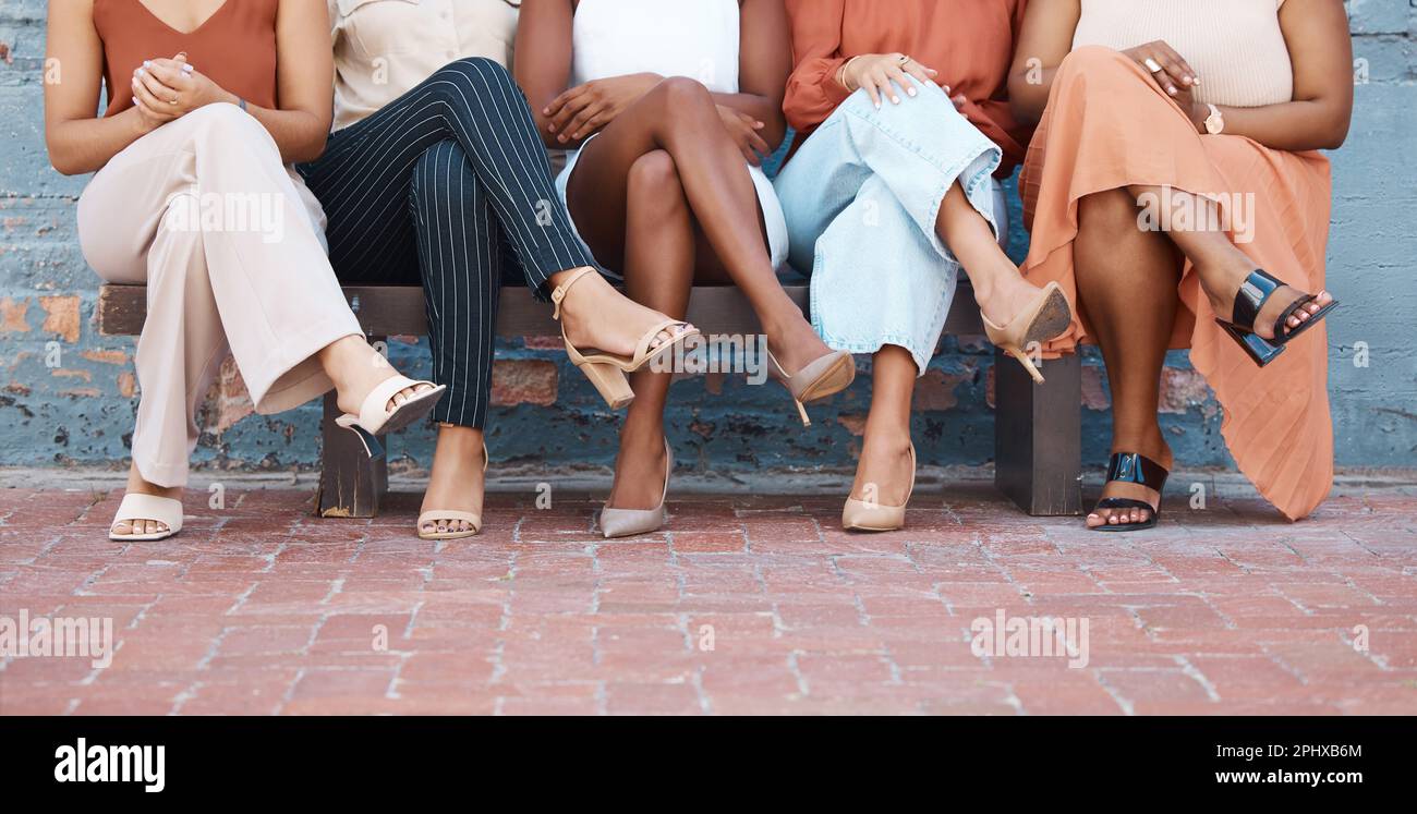 Legs, hiring and business women waiting in line for their meeting with ...
