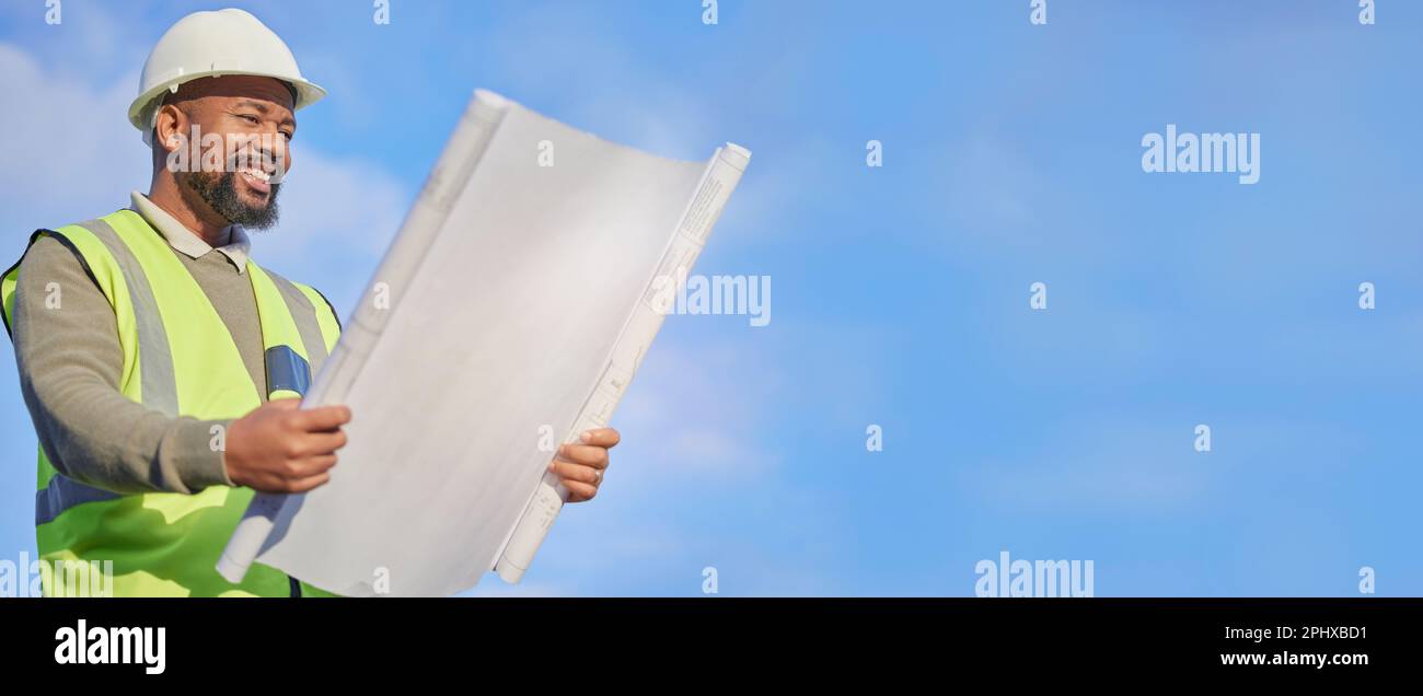 Engineer, industry and black man with blueprint at construction site ...