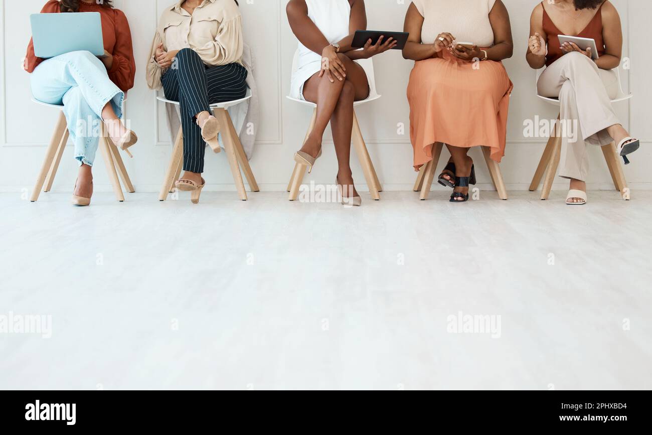 Legs, recruitment and business women waiting in line for an interview ...