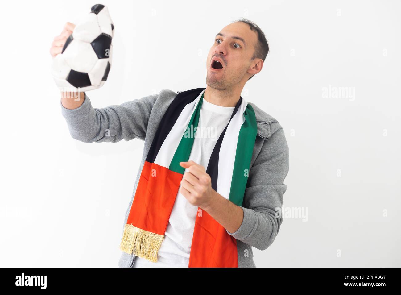 Soccer Fan. Emotional Guy Shouting Celebrating Victory Of Team Holding ...
