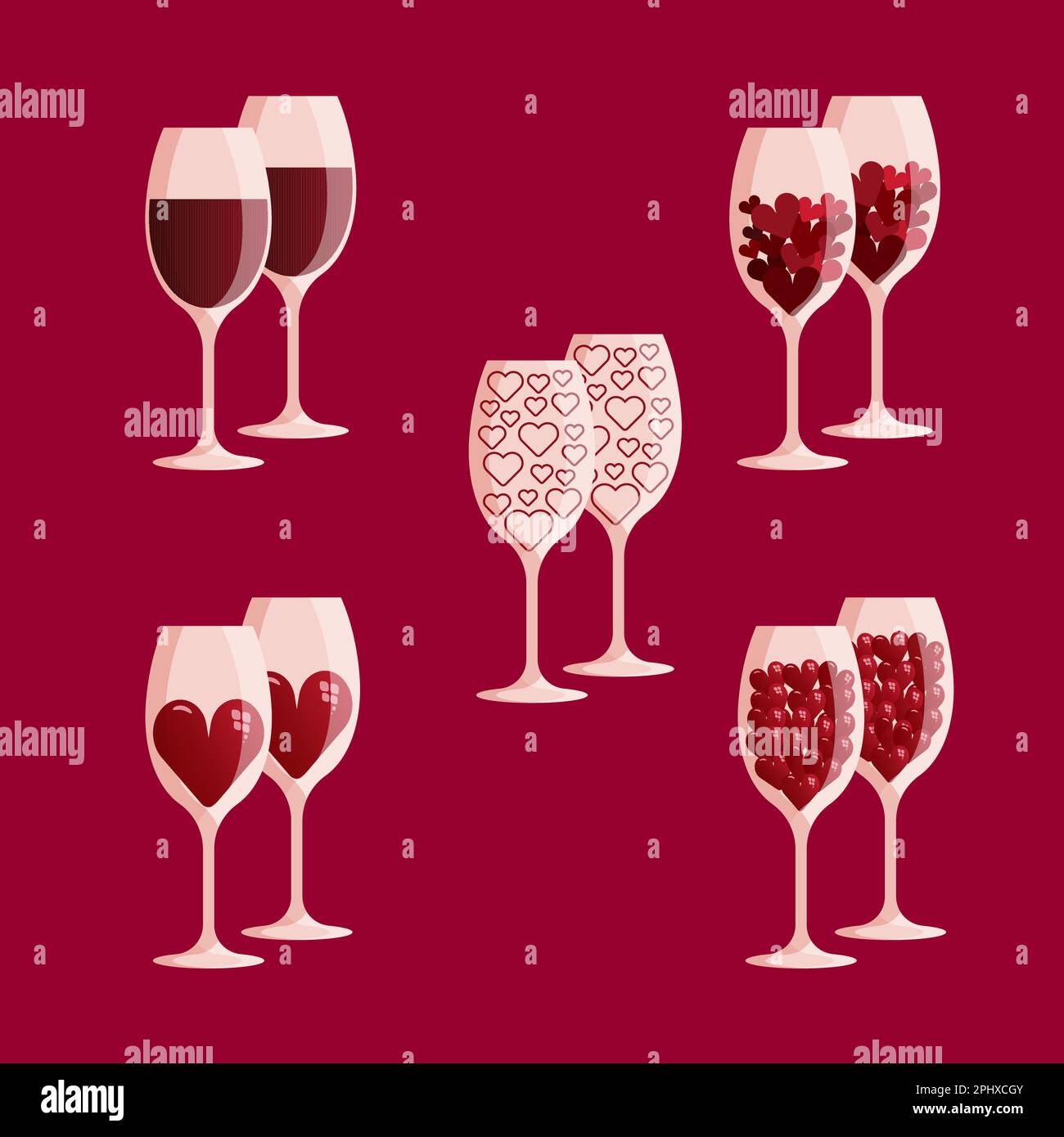Set of wine glasses with red hearts inside, vector illustration, love ...