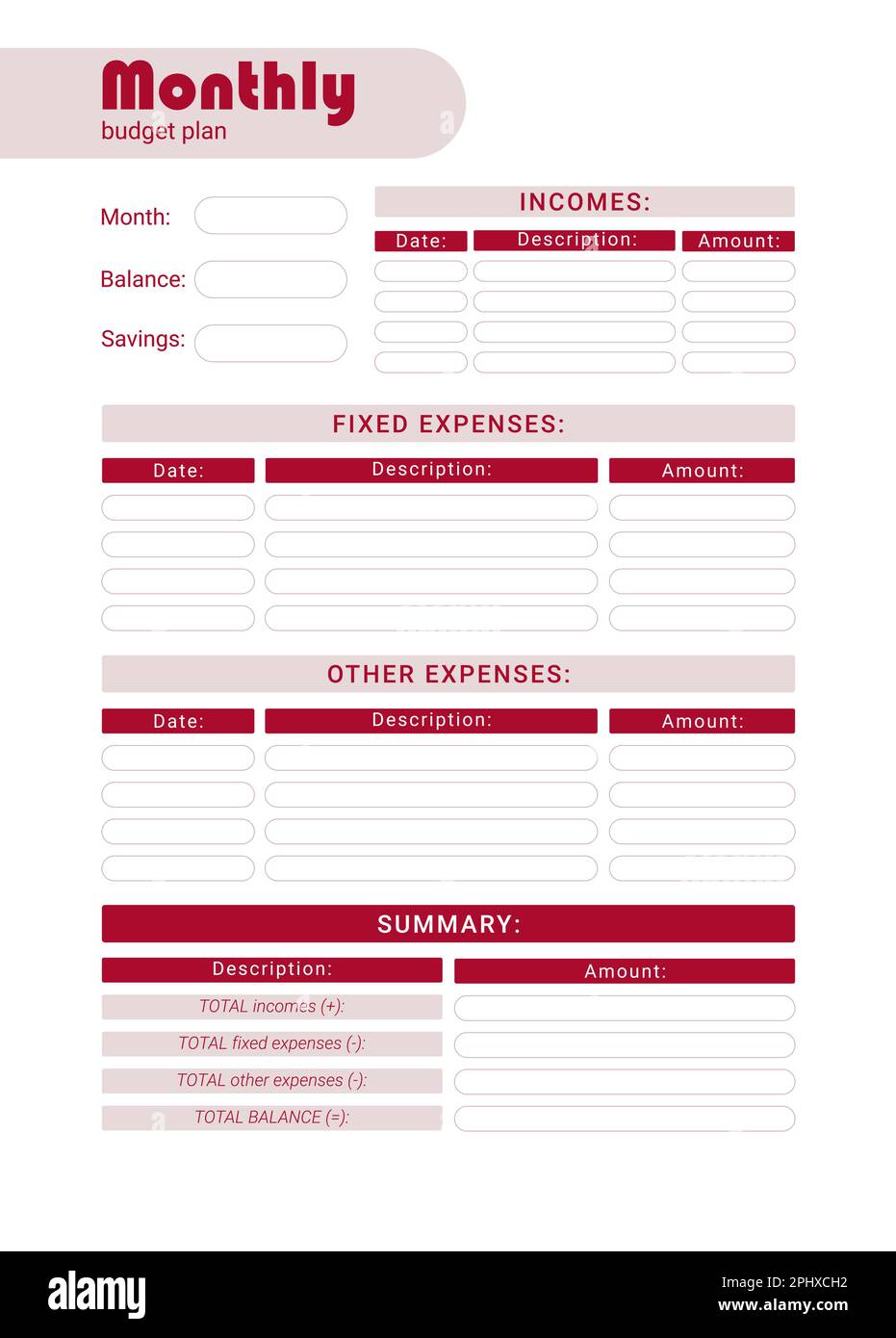 Printable personal monthly budget planner, vector illustration Stock ...