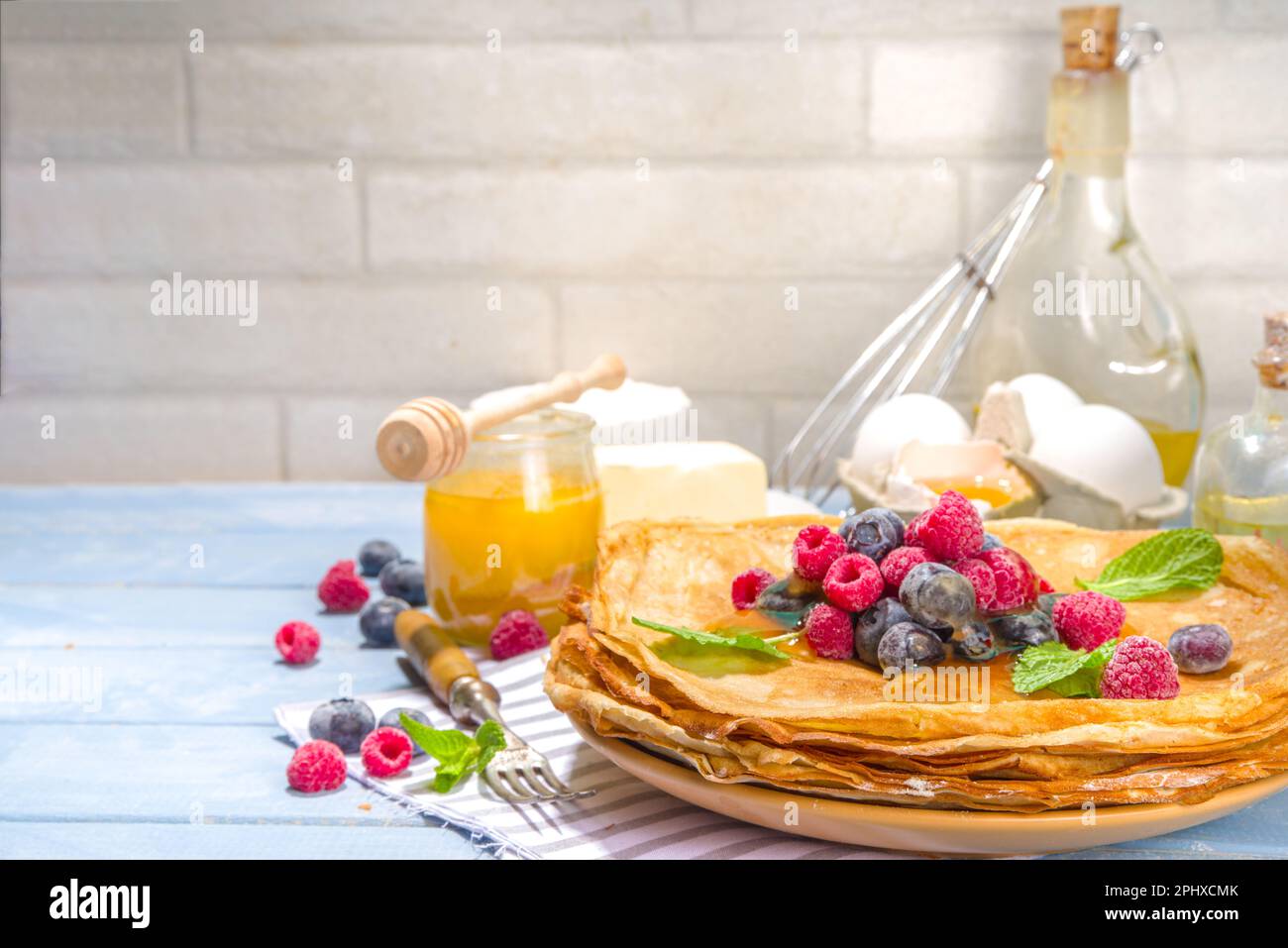 Russian Ukrainian European holiday Maslenitsa. Traditional thin crepes ...