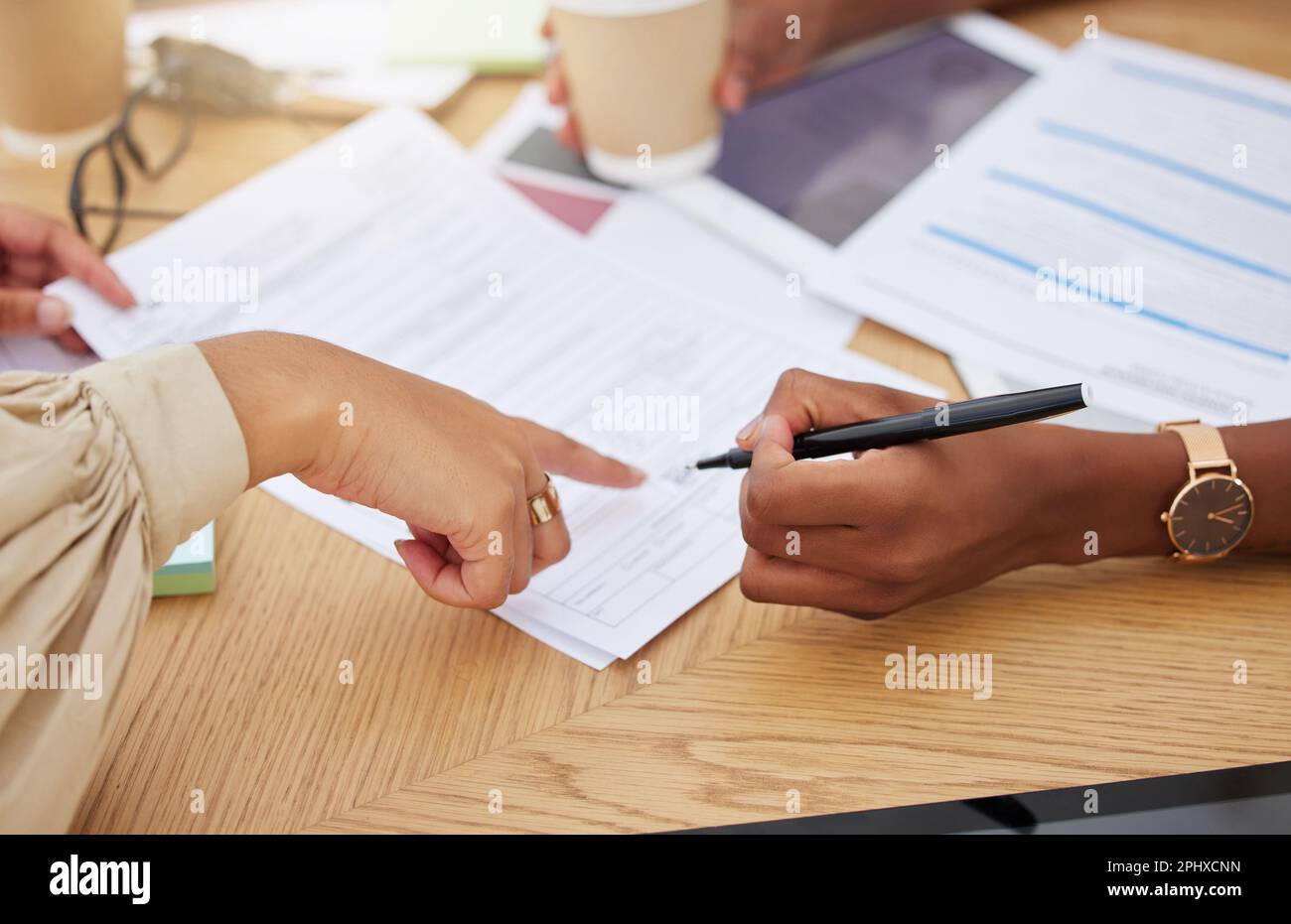 Hands, paperwork and signing contract in office for business deal ...