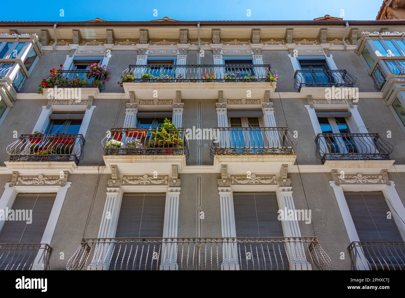 Colorful facades of houses in Spanish town Jaca Stock Photo - Alamy