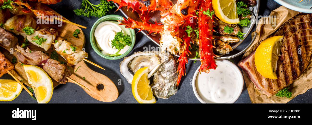 Assortment various barbecue Mediterranean grill food - fish, octopus ...