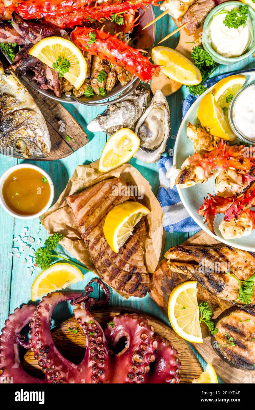 Assortment various barbecue Mediterranean grill food - fish, octopus ...