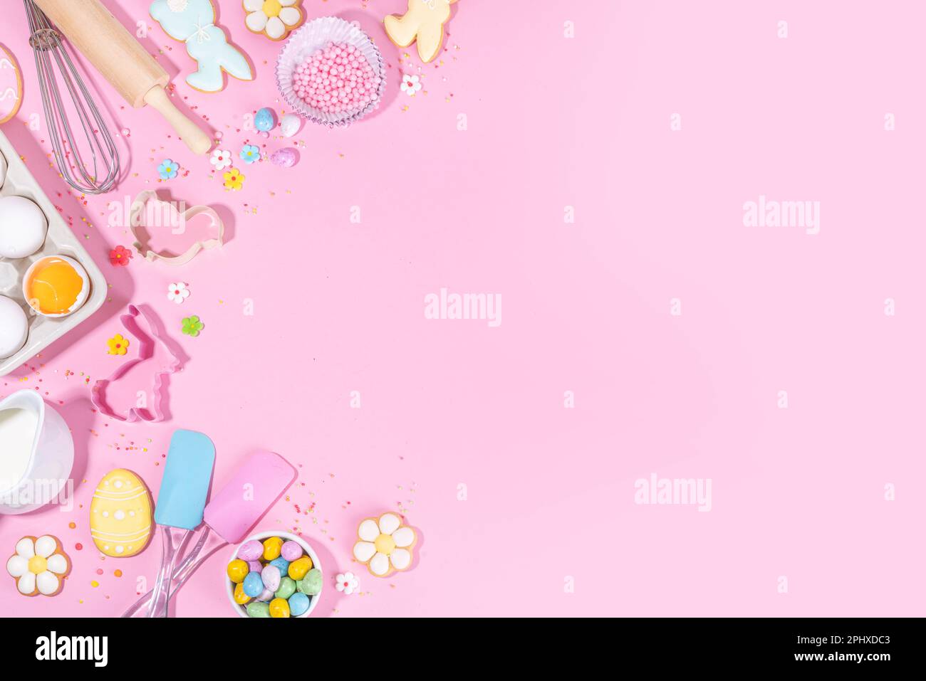 Cute pink sweet baking flat lay for Easter holiday. Cooking background ...