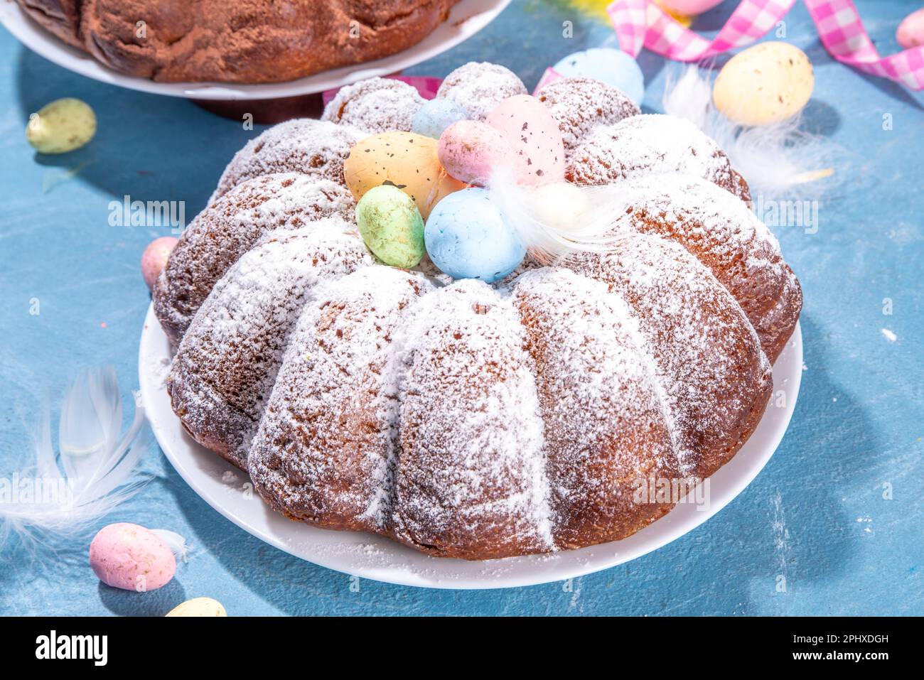 Traditional cake for Easter. Chocolate and vanilla Easter round cake with chocolate and sugar ...