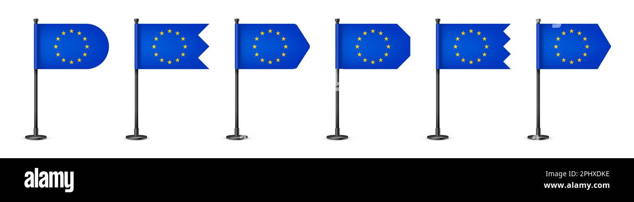 Realistic various European table flags on a black steel pole. Souvenir ...