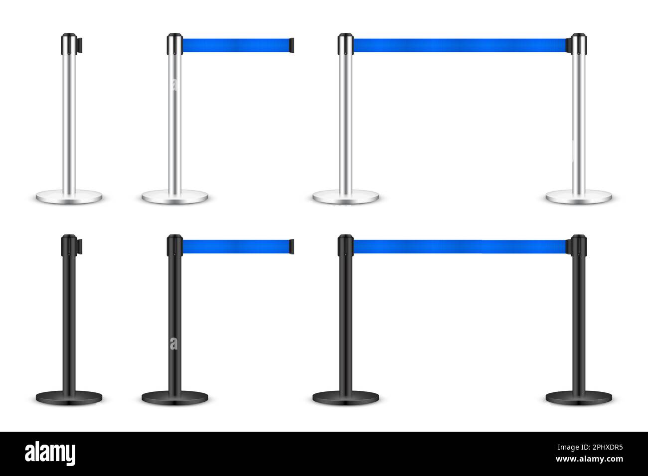 Realistic blue retractable belt stanchion. Crowd control barrier posts ...