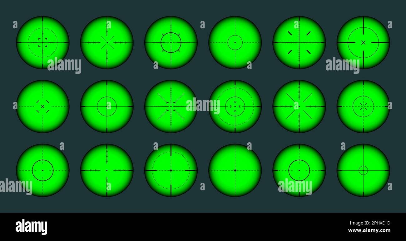 Various weapon night sights, sniper rifle optical scopes. Hunting gun ...