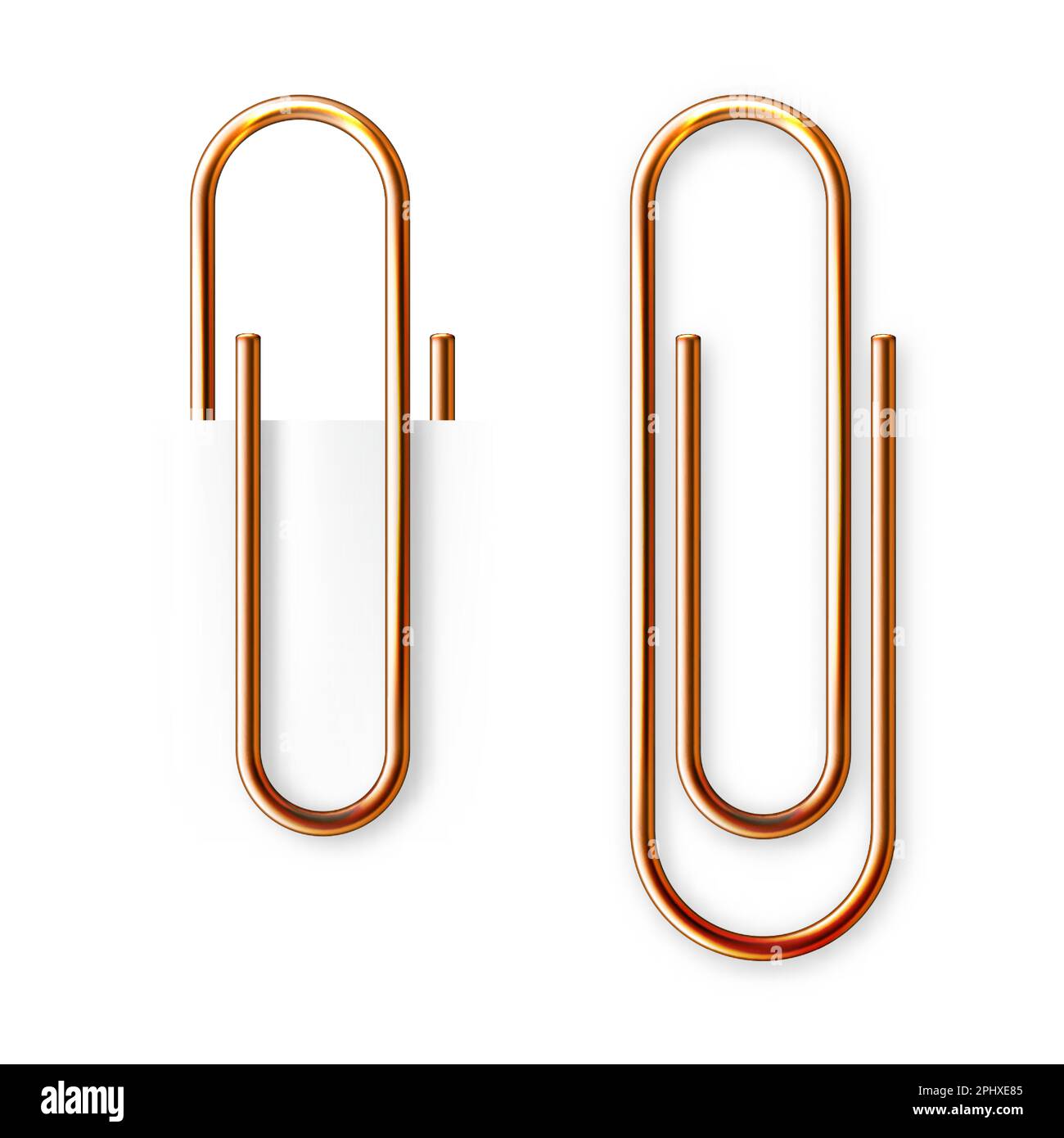 Realistic copper paperclip attached to paper isolated on white ...
