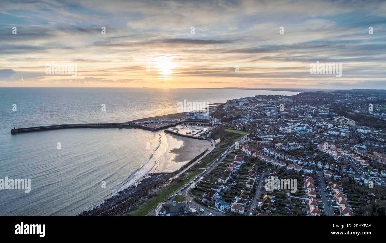 An aerial view of Folkestone, including the harbor, Harbour Arm, and ...