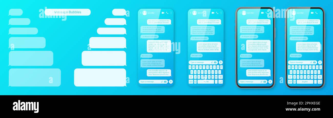 Realistic smartphone with messaging app on colorful blue background ...