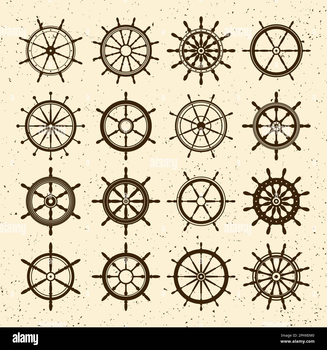 Collection of grunge vintage steering wheels. Ship, yacht retro wheel ...