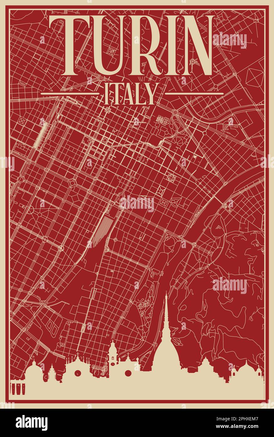 Road network poster of the downtown TURIN, ITALY Stock Vector Image ...