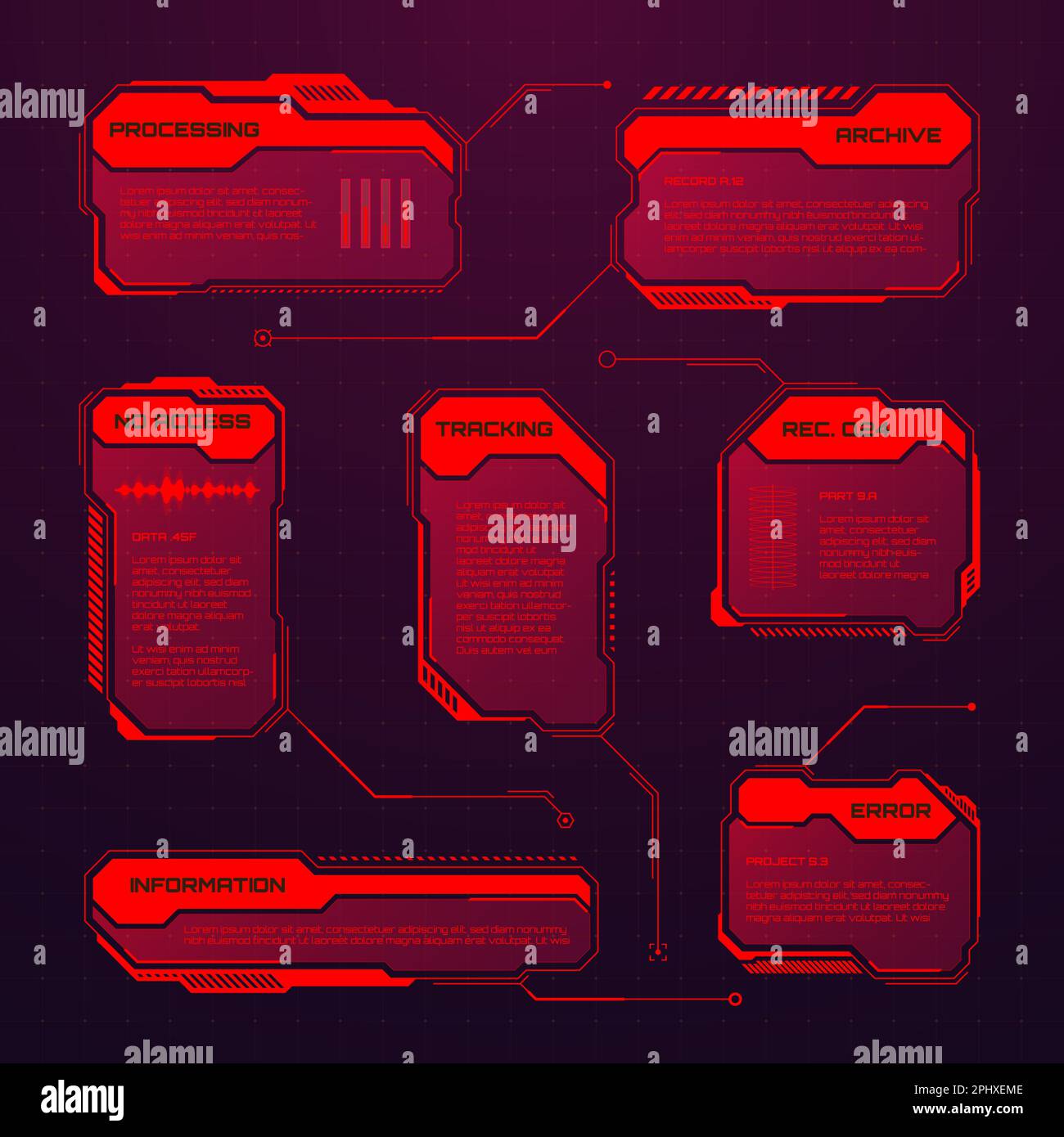 Red futuristic HUD or UI elements. Sci-fi user interface text boxes, callouts. Warning message ...