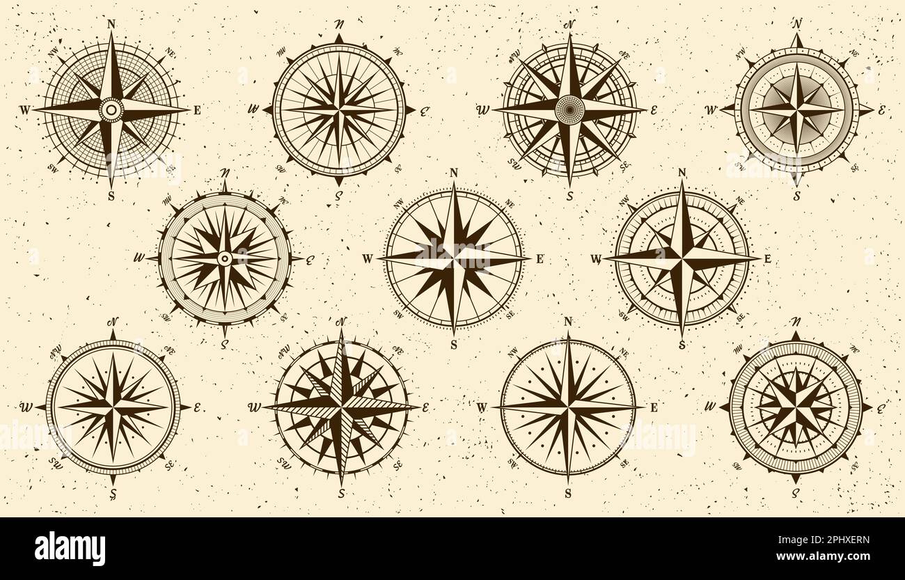 Vintage marine wind rose, nautical chart. Monochrome navigational ...