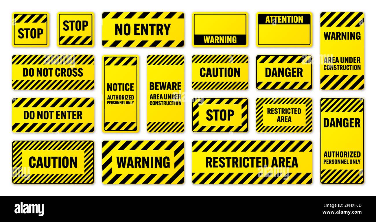 Various black and yellow warning signs with diagonal lines. Attention ...