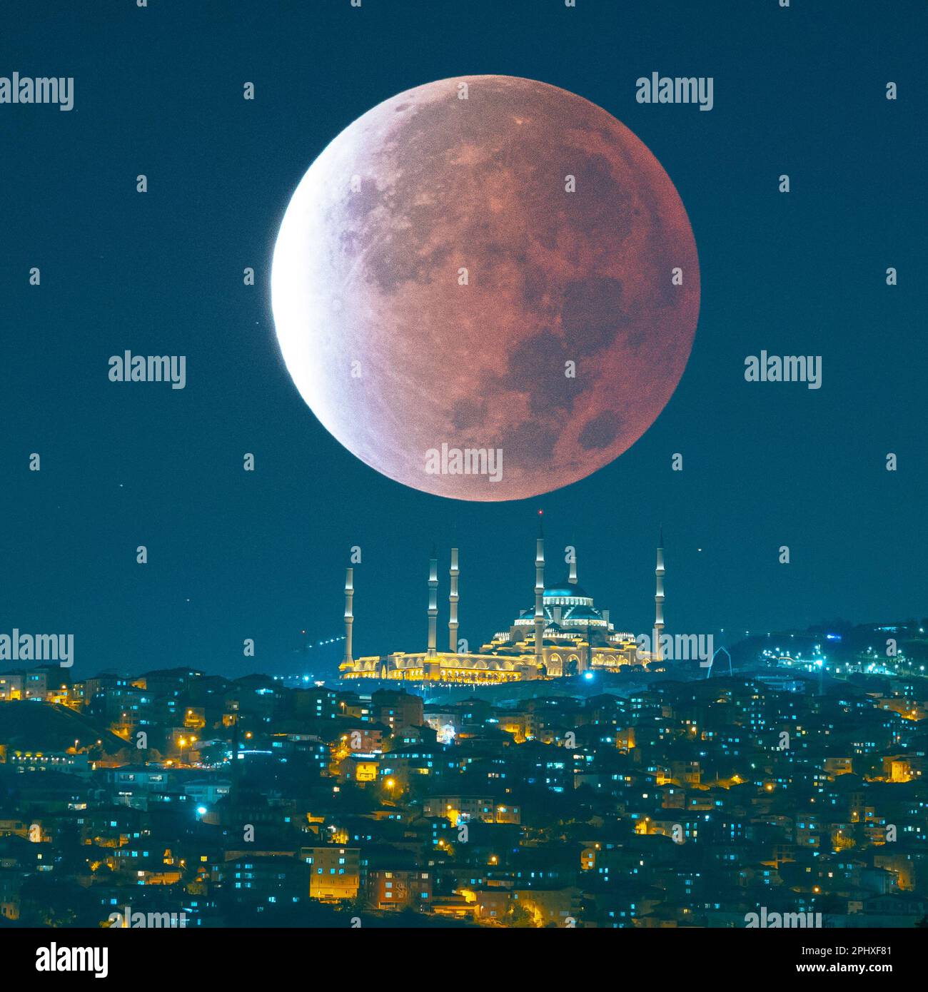 Camlica Mosque and lunar eclipse. Ramadan or islamic concept square ...