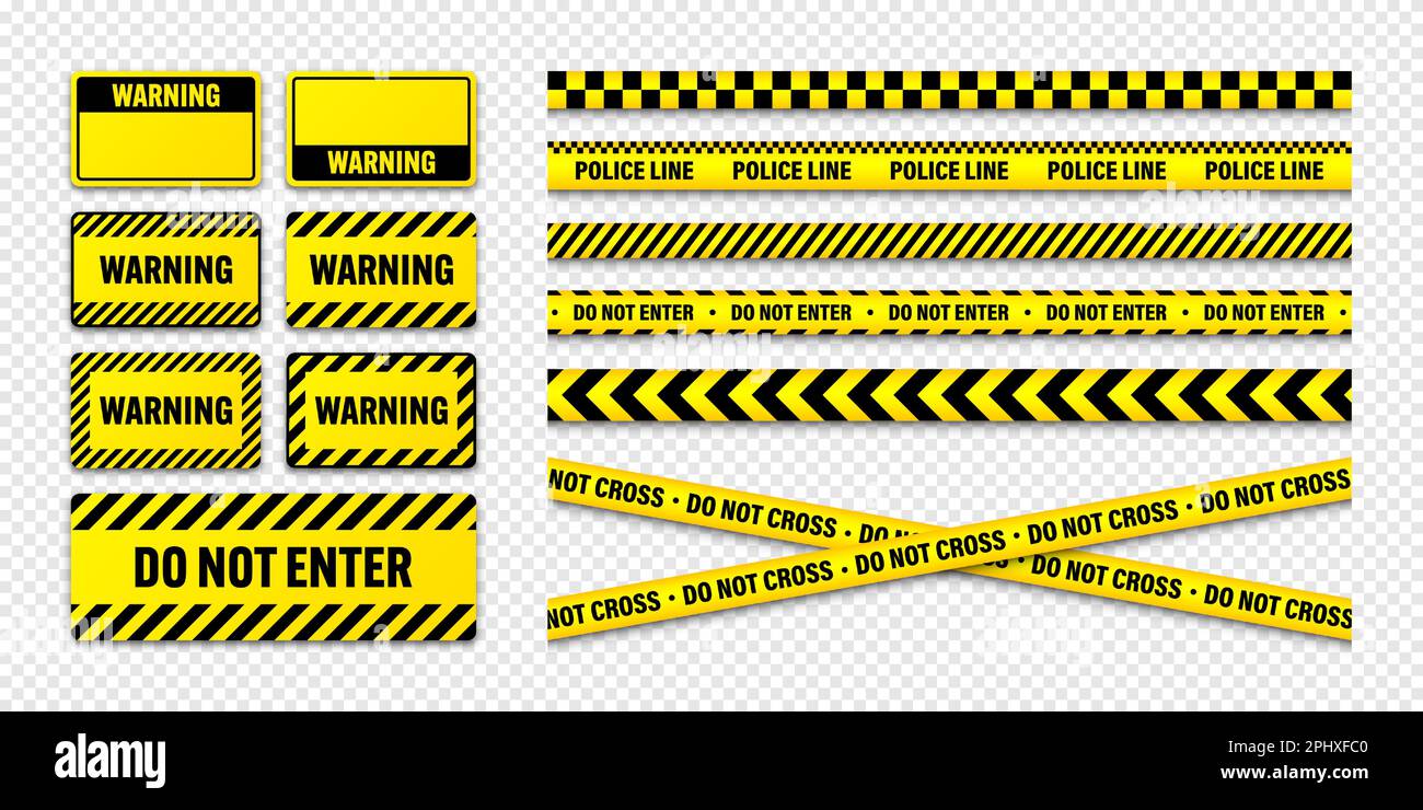 Various barricade construction tapes and warning shields. Yellow police ...