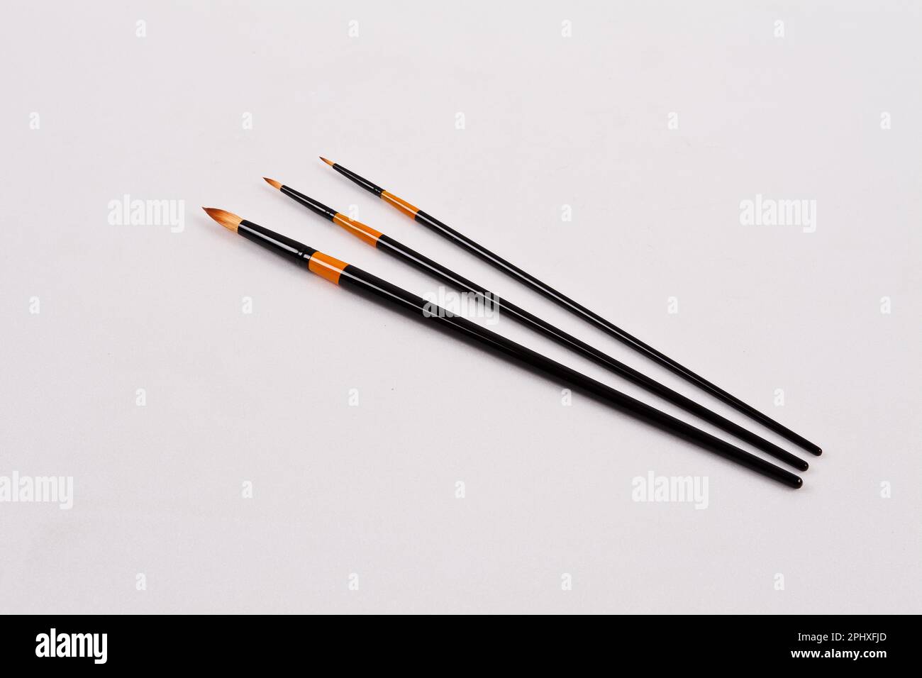everal small paint brushes were placed on a white background to ...