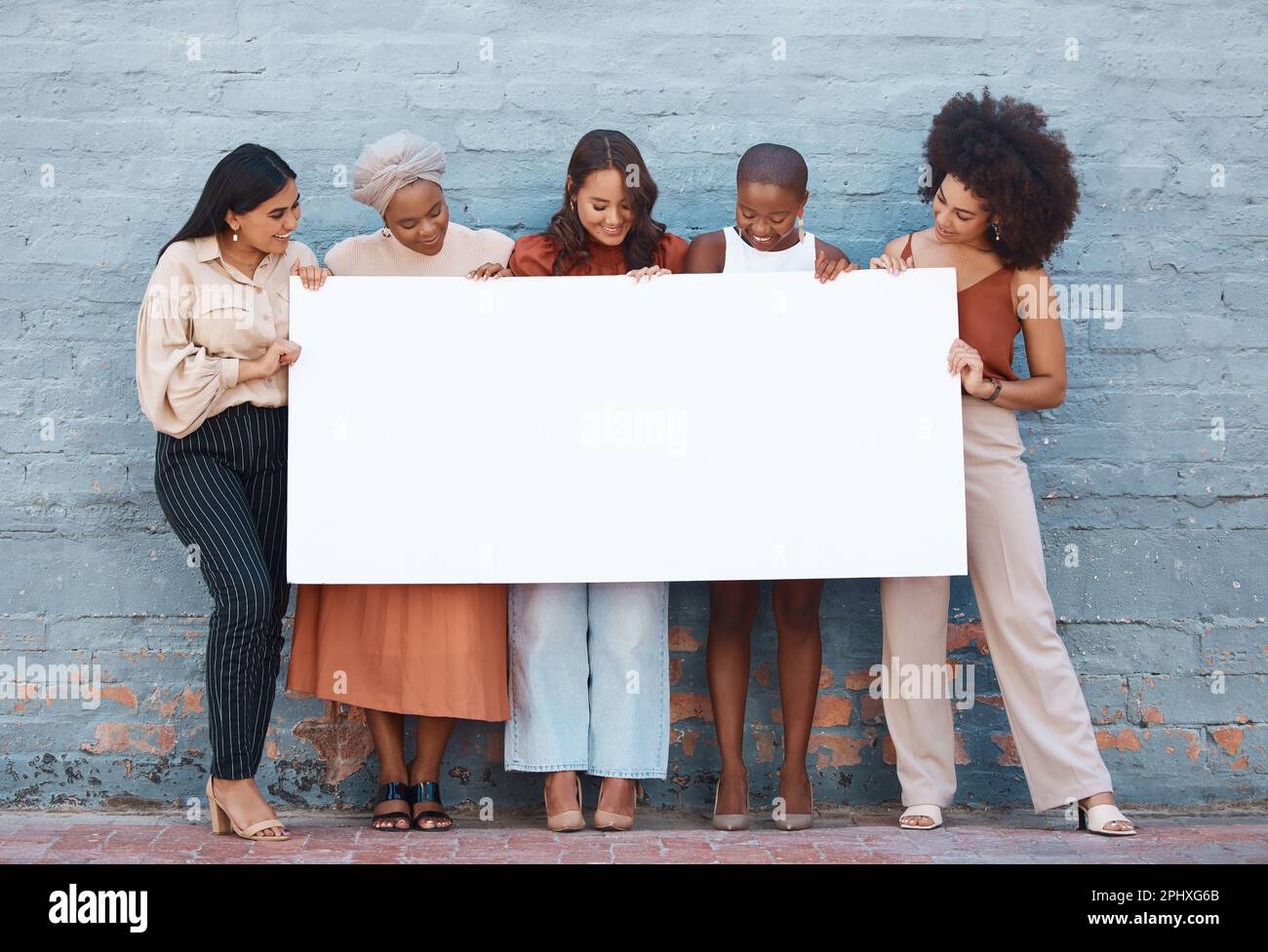 Women, diversity and poster with space outdoor for billboard, mockup or ...