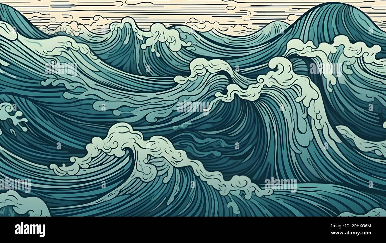 Sea waves background. Hand drawn vector illustration in vintage ...