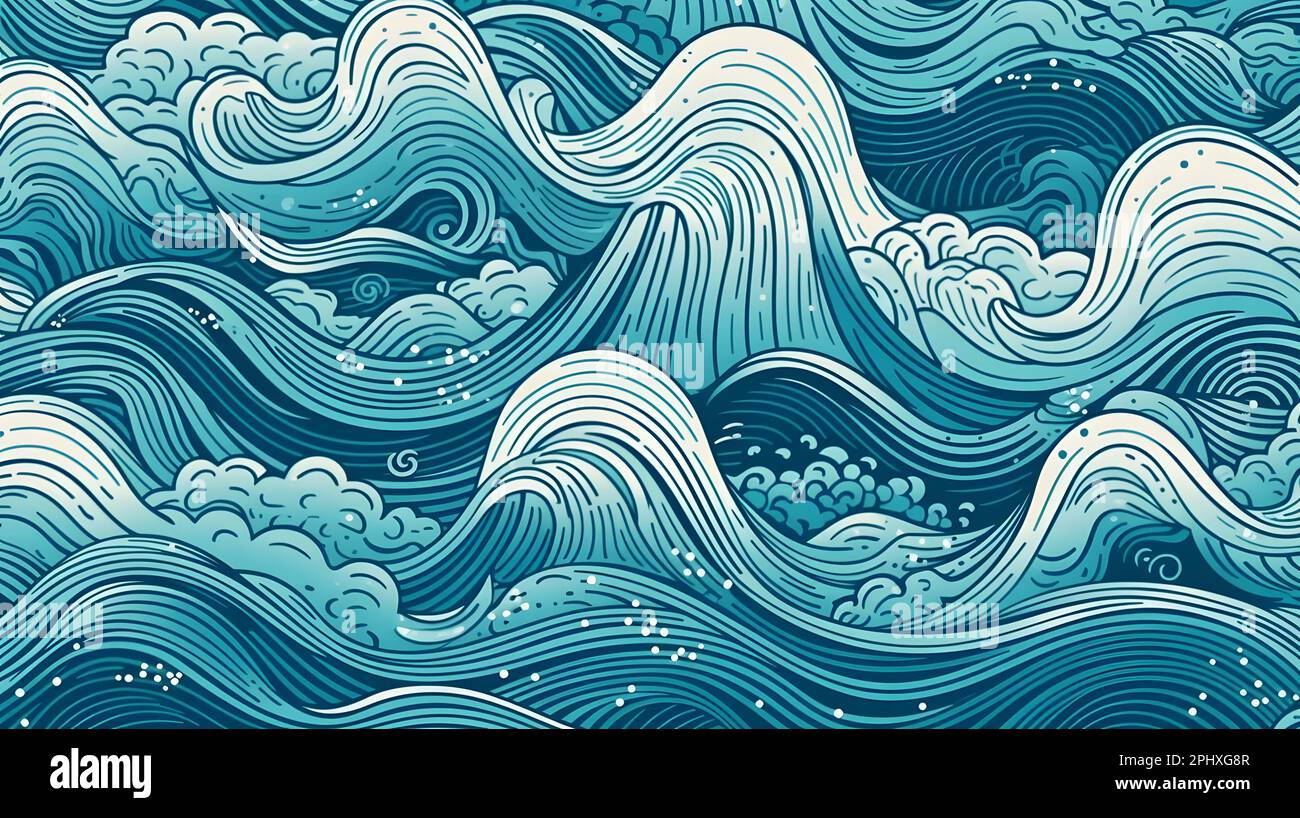 Seamless pattern with blue sea waves. Vector hand drawn illustration ...