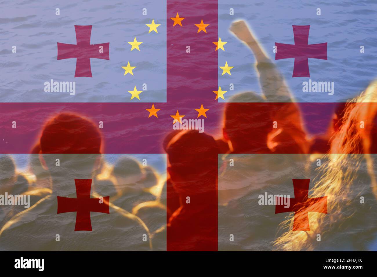 European Union flag Georgia. Conflict war over border. Fire, flame ...