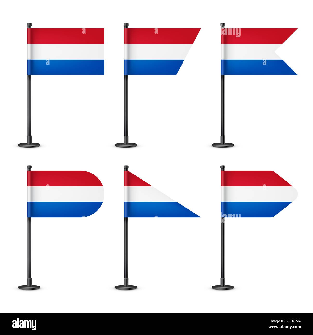 Realistic various Dutch table flags on a black steel pole. Souvenir ...