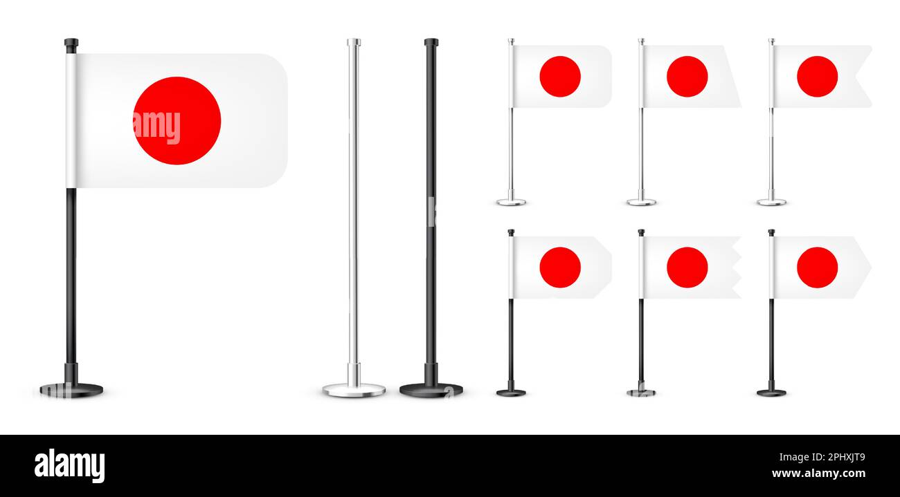 Realistic various Japanese table flags on a black steel pole. Souvenir ...