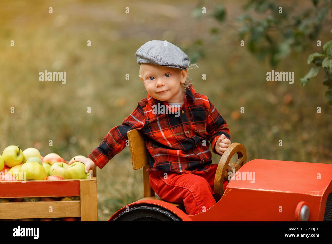 Farmer boy on a small red wooden tractor Stock Photo - Alamy