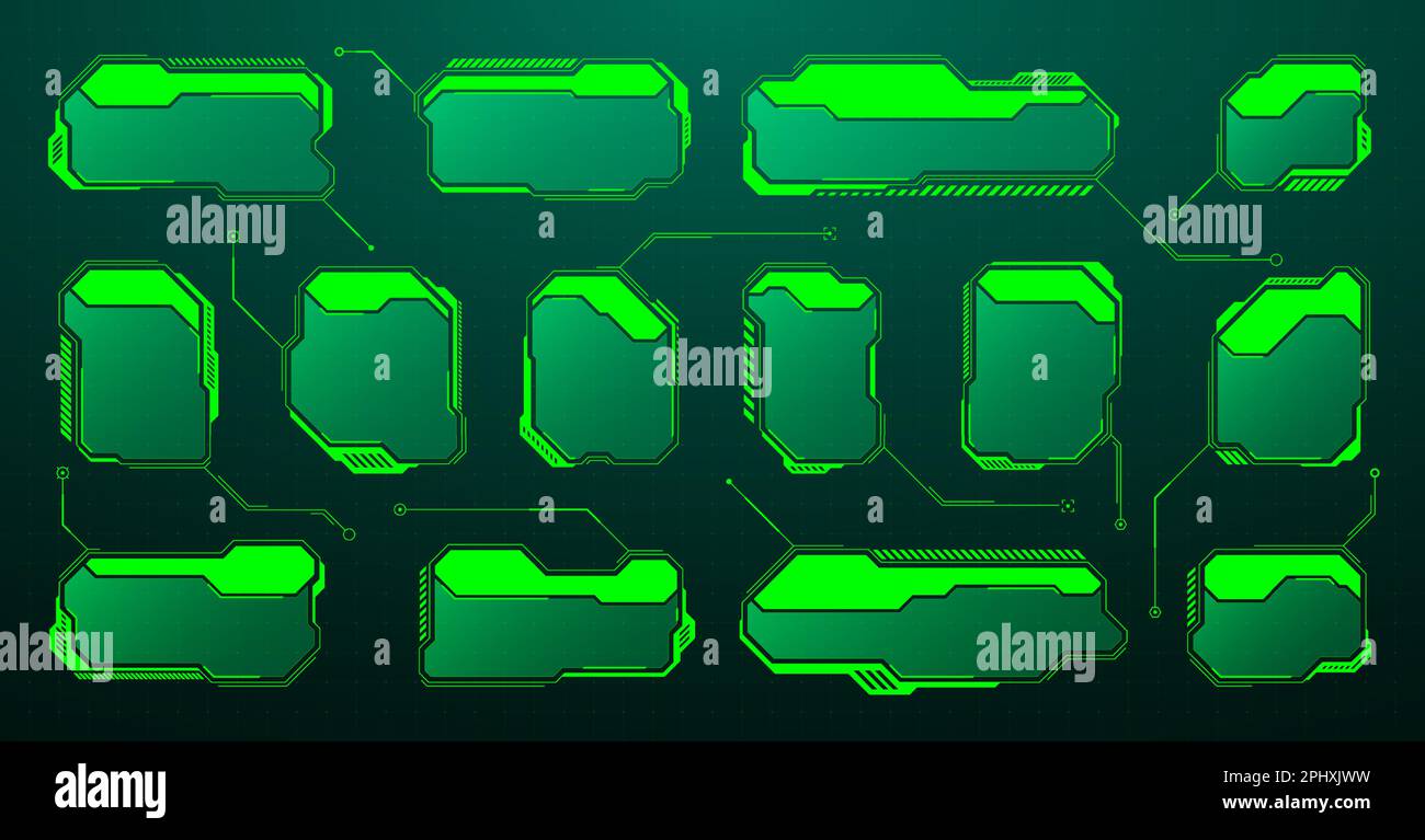 Green futuristic HUD, UI elements. Sci-fi user interface text boxes ...