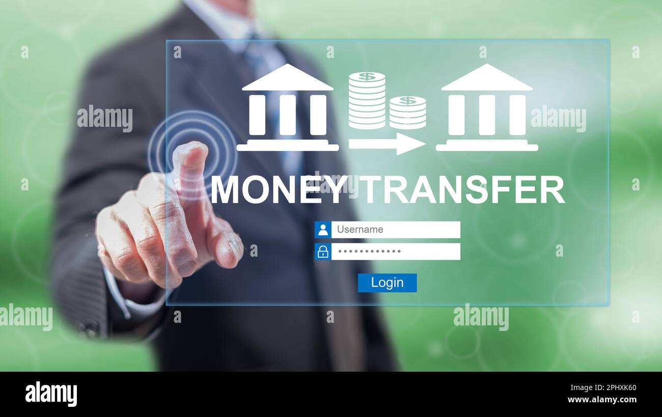 Man touching a money transfer concept on a touch screen with his ...