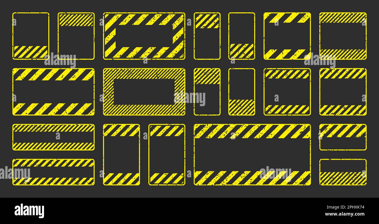 Various yellow grunge warning signs with diagonal lines. Old attention ...